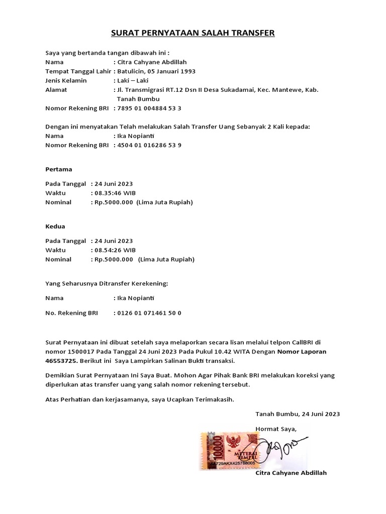 Surat Pernyataan Salah Transfer BRI | PDF