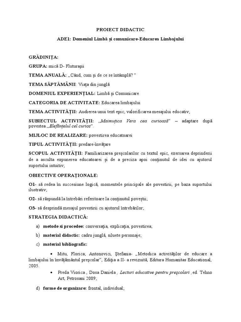 PROIECT DIDACTIC JOCURI ȘI ACTIVITĂȚI LIBER ALESE - Animale Din Jungla | PDF