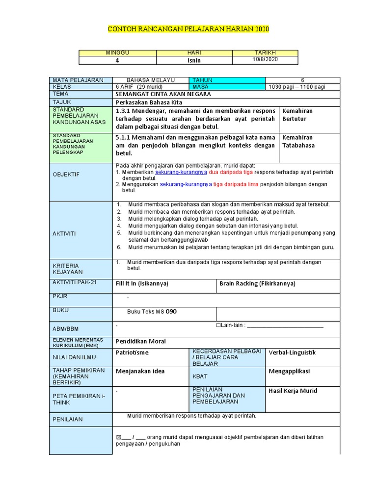 Contoh Semakan Rancangan Pelajaran Harian 2020 | PDF | Karier ...
