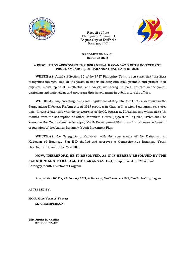 RESOLUTION-FOR-ABYIP-2021 Barangay 2D | PDF