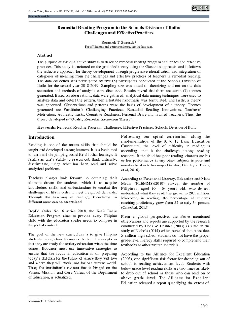 Remedial Reading Program In The Schools Division Of Iloilo Challenges And Effective Practices Pdf