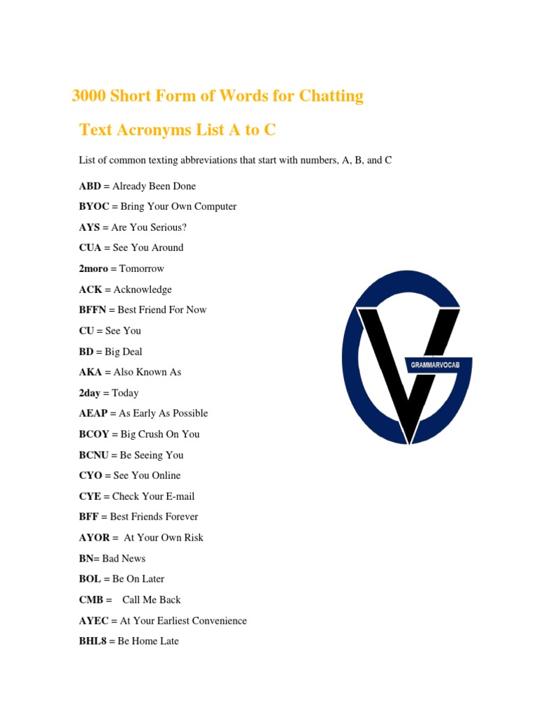 Short Form of Words Used in Chatting PDF | PDF