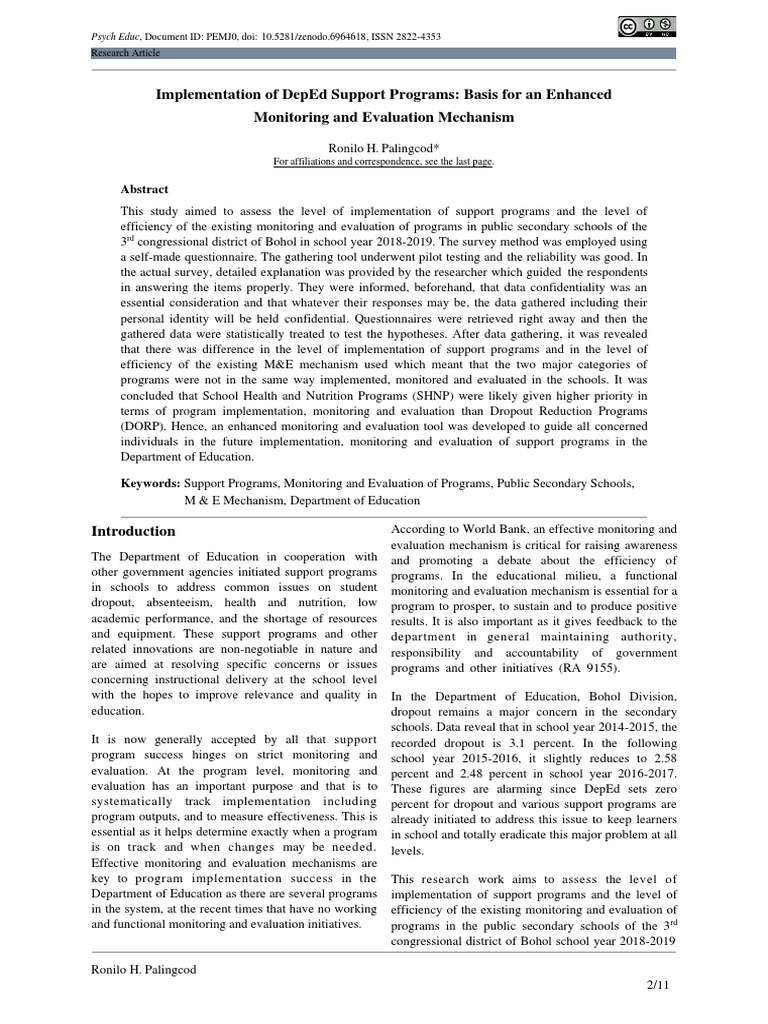 Implementation Of Deped Support Programs Basis For An Enhanced Monitoring And Evaluation