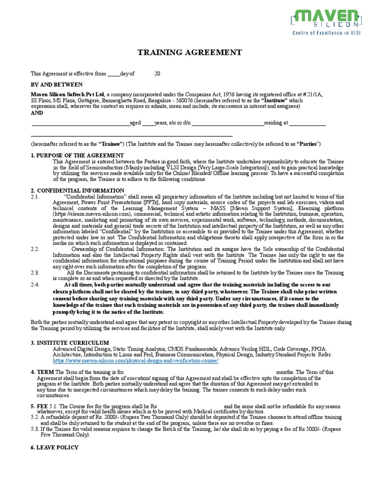 Maven Silicon - BPD Training Agreement 2023 | PDF | Indemnity ...