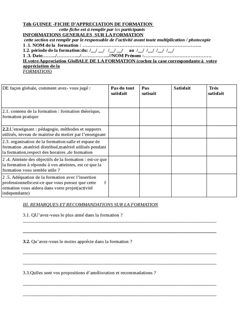 Fiche d'Évaluation de Formation Tdh Guinée | PDF | Évolution de ...