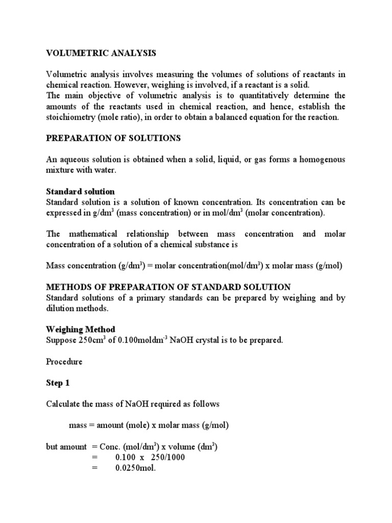 Practical Notes On Standard Solution | PDF | Mole (Unit) | Concentration