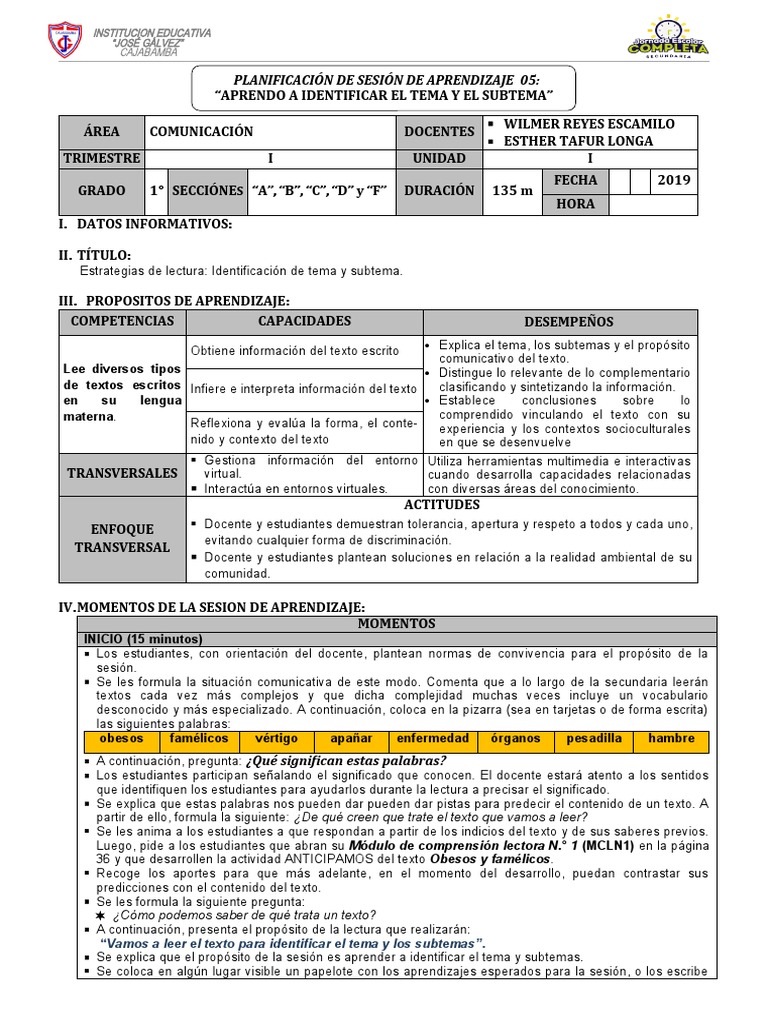 Sesion 05 Aprendo A Identificar El Tema y Subtema | PDF | Aprendizaje ...