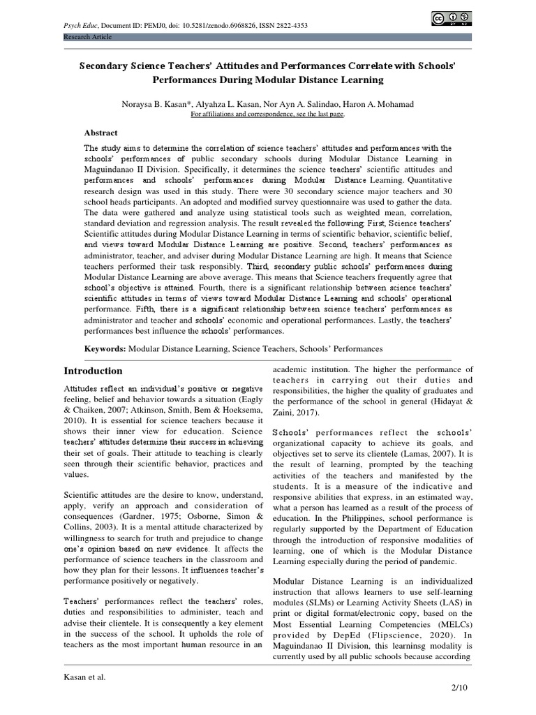 Secondary Science Teachers' Attitudes and Performances Correlate With ...
