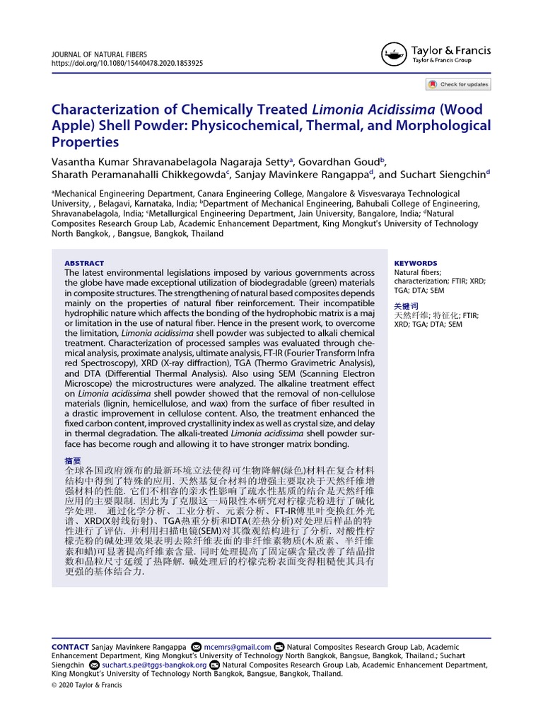 Characterization of Chemically Treated Limonia Acidissima Wood Apple ...