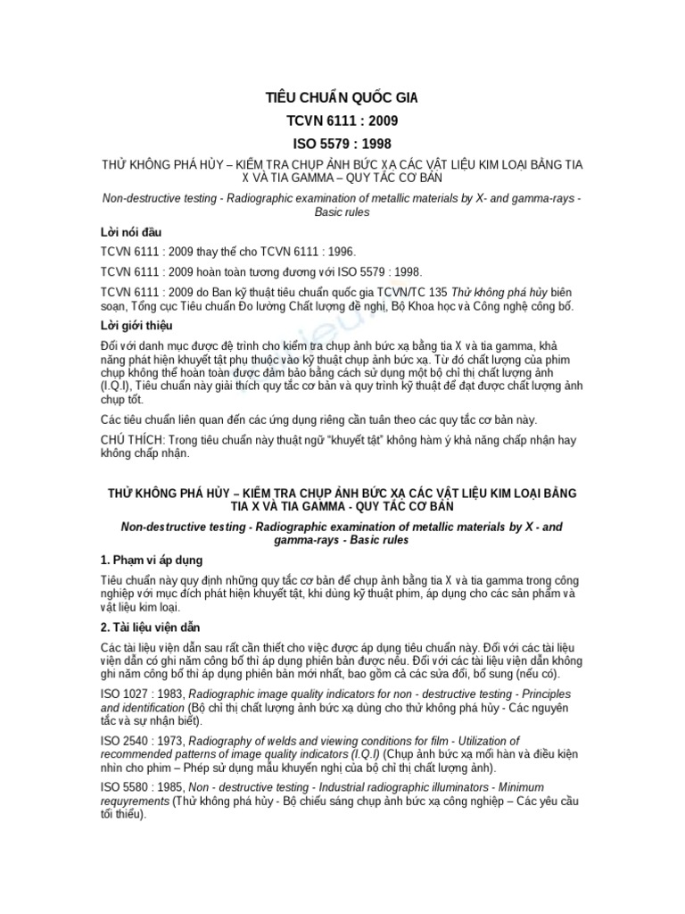 TCVN 6111 2009 (ISO 5579 1998) Về Thử Không Phá Hủy - Kiểm Tra Chụp Ảnh ...