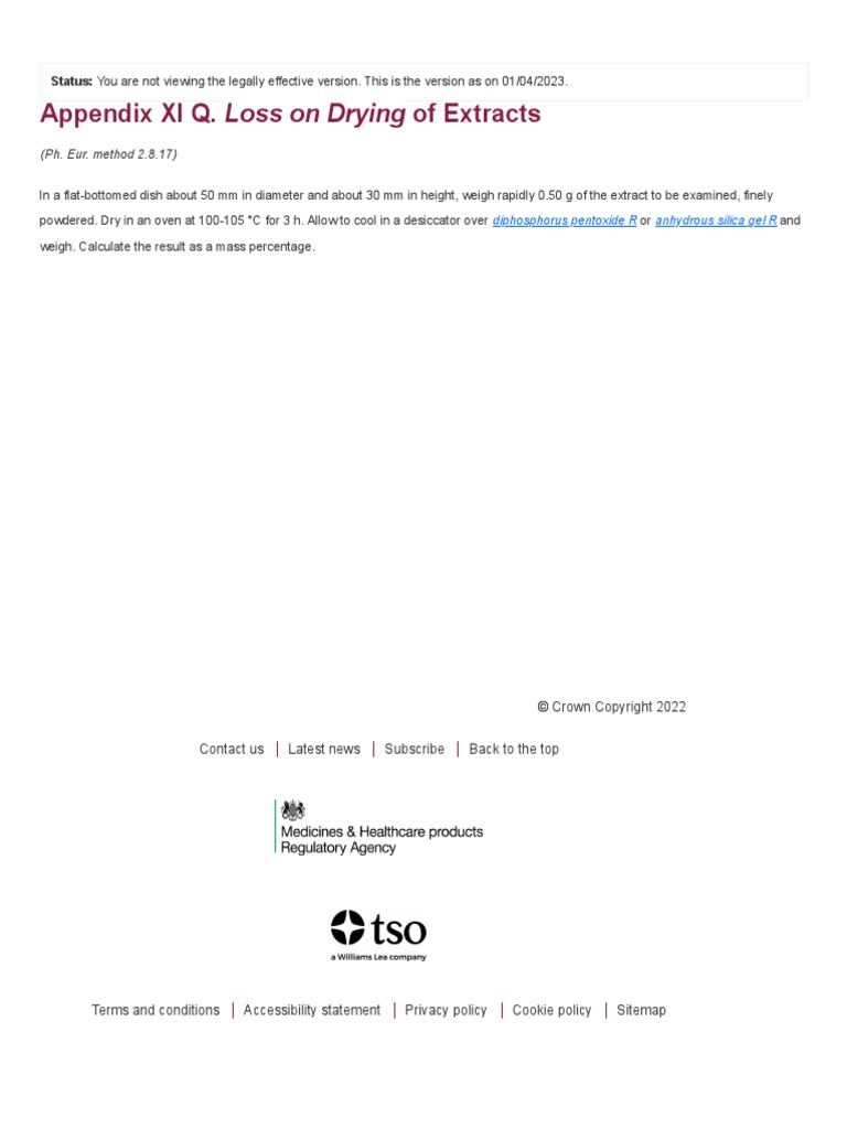 Appendix XI Q. Loss On Drying of Extracts - British Pharmacopoeia | PDF