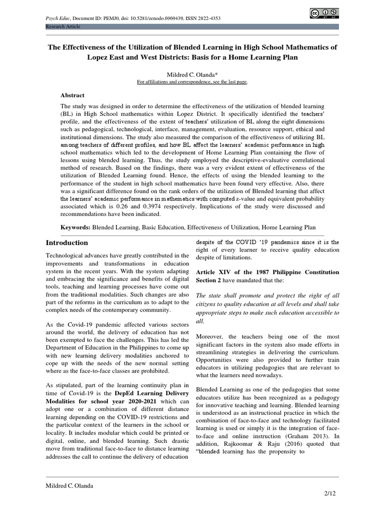 The Effectiveness of The Utilization of Blended Learning in High School Mathematics of Lopez ...