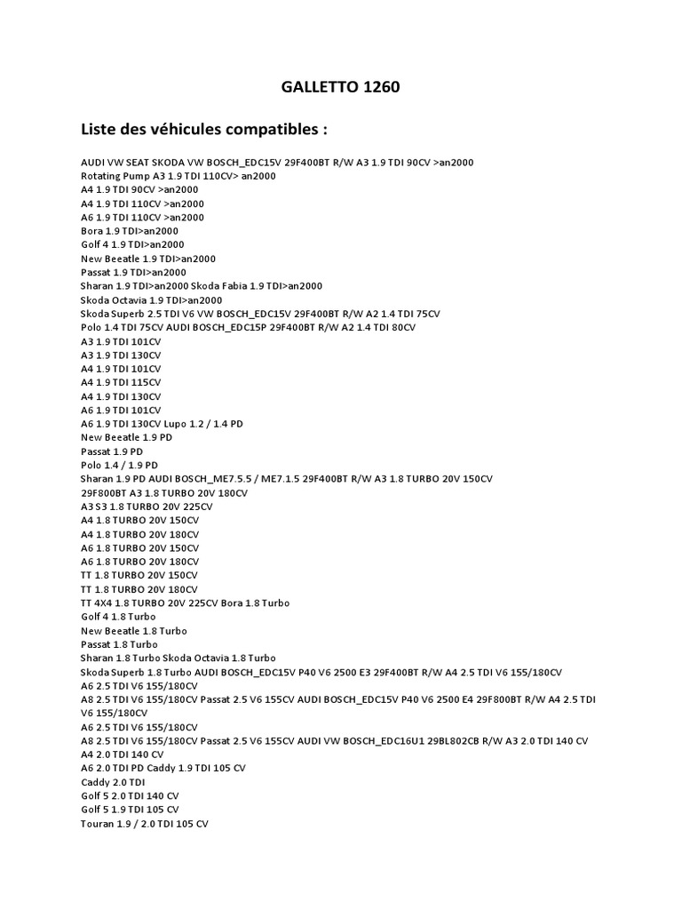 Galletto 1260 Vehicle Compatibility List | PDF