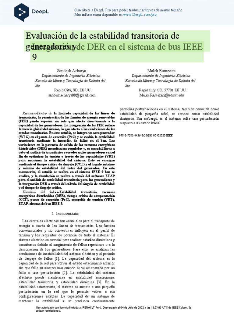 Integración de DER en El Sistema de Bus IEEE 9 Evaluación de La Estabilidad Transitoria de ...