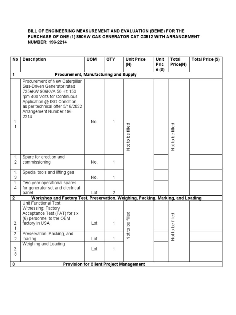 Bill of Engineering Measurement and Evaluation | PDF