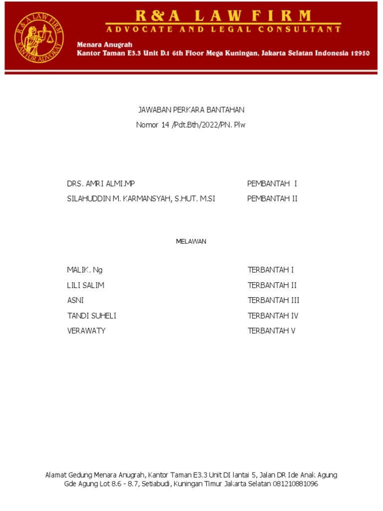 Jawaban Bantahan Perkara 14 - BTH - PLW | PDF