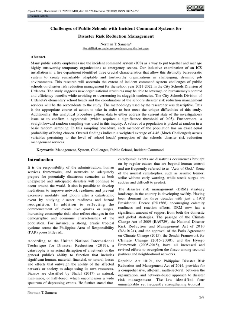 Challenges of Public Schools With Incident Command Systems For Disaster Risk Reduction ...