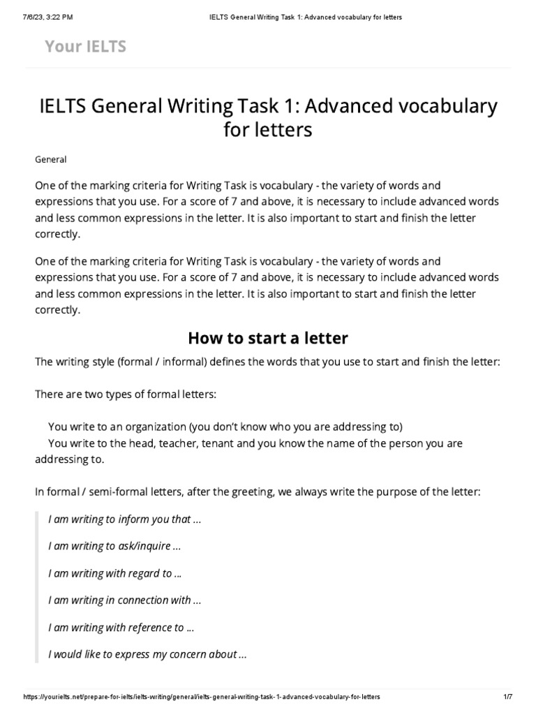 IELTS General Writing Task 1 - Advanced Vocabulary For Letters | PDF | International English ...