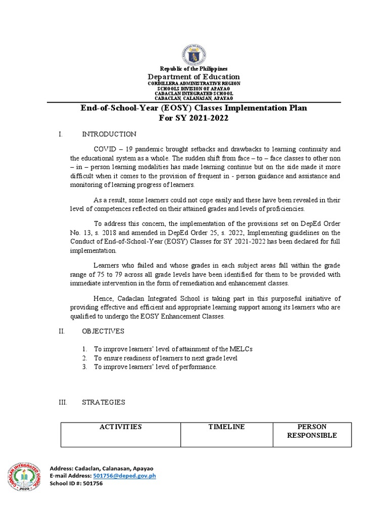 Cis Eosy Implementation Plan | PDF | Teachers | Cognition