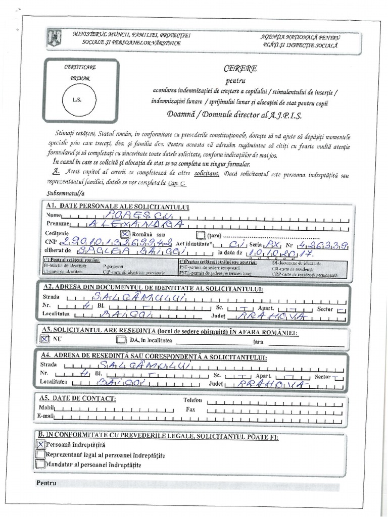 Cerere Pentru Acordarea Indemnizației de Creștere A Copilului Sau ...