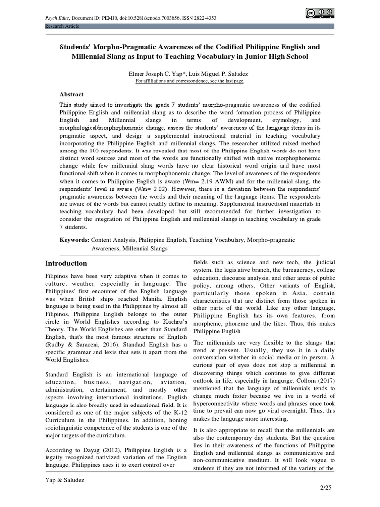 Students' Morpho-Pragmatic Awareness of The Codified Philippine English ...