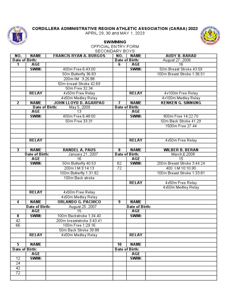 Final-Entry Form Swi - Boys-Sec | PDF | Games Of Physical Skill | Sports