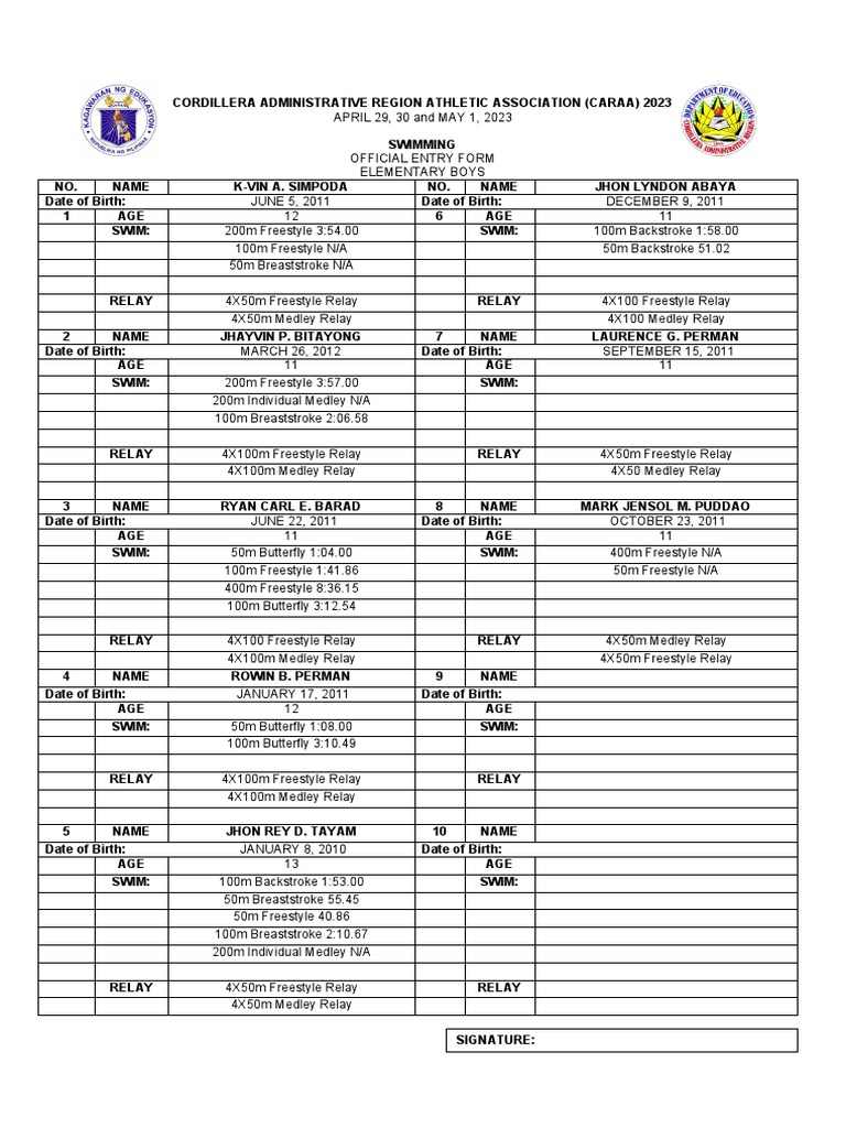 CARAA 2023 Swimming Entry Form | PDF
