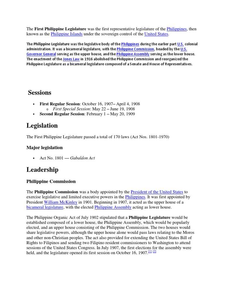 The First Philippine Legislature Was The First Representative ...