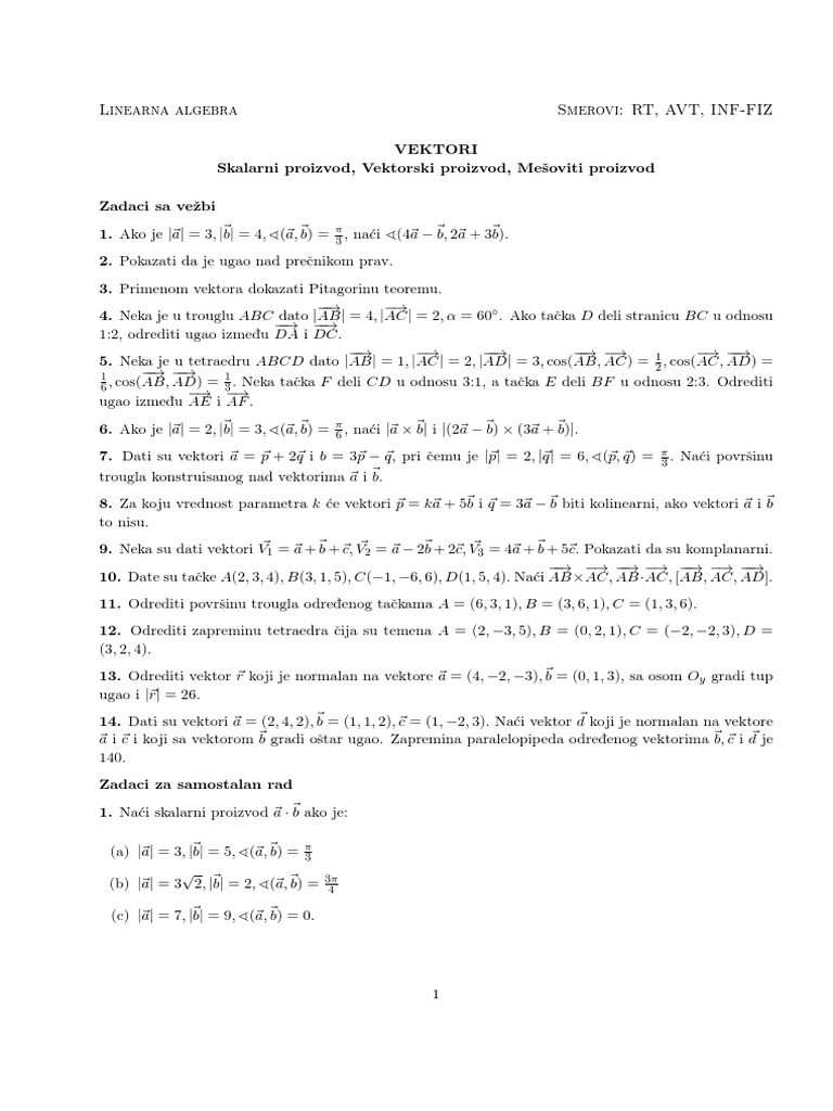 VEKTORI (Skalarni Proizvod, Vektorski Proizvod, Mesoviti Proizvod) | PDF
