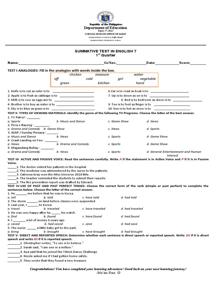 Summative Test in English 7 | PDF