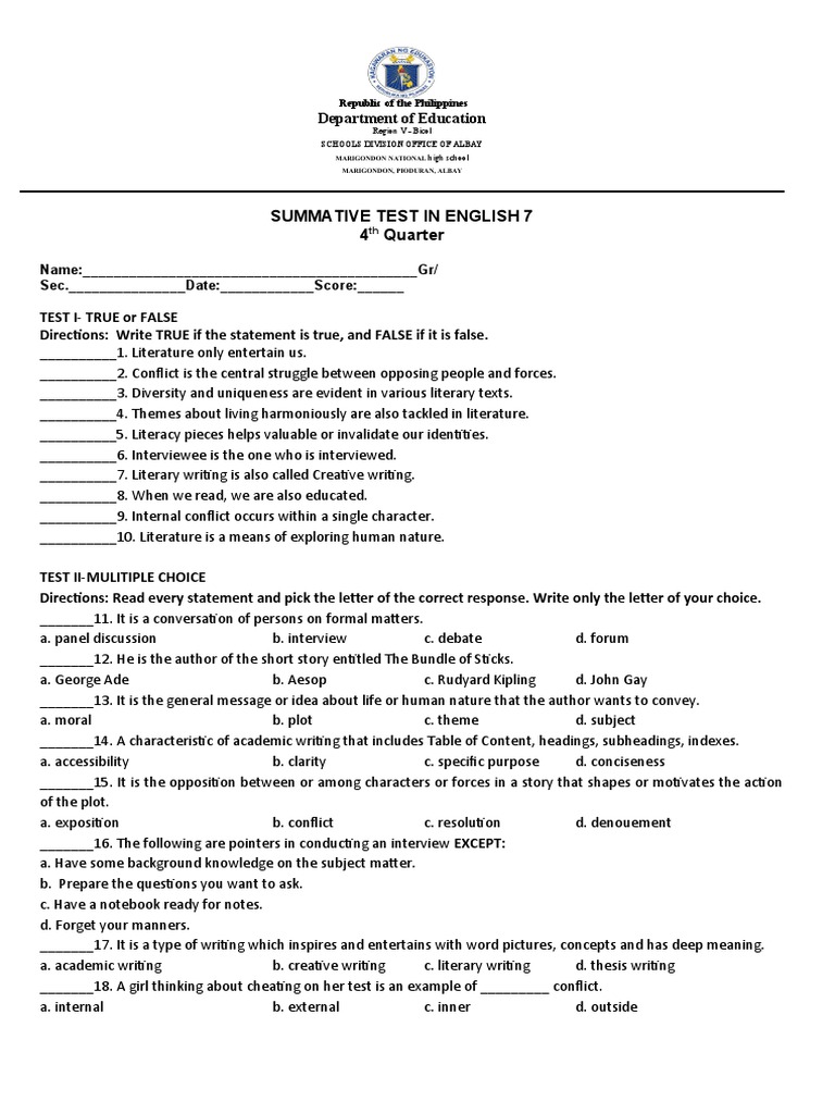 Summative Test in English 7 Q4 | PDF | Communication | Cognitive Science
