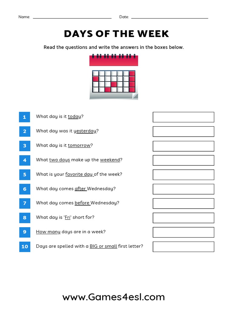 Days of The Week Reading Worksheet Questions | PDF