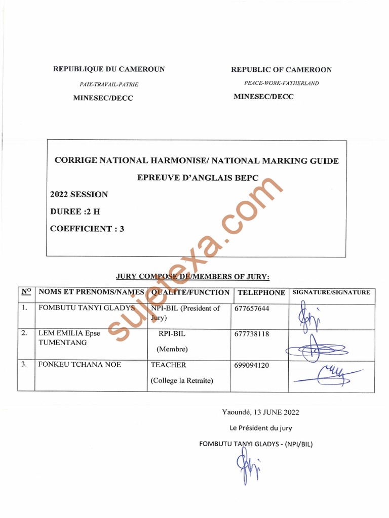 Corrigé Harmonisé National - Bepc Session 2022 Anglais Cameroun | PDF