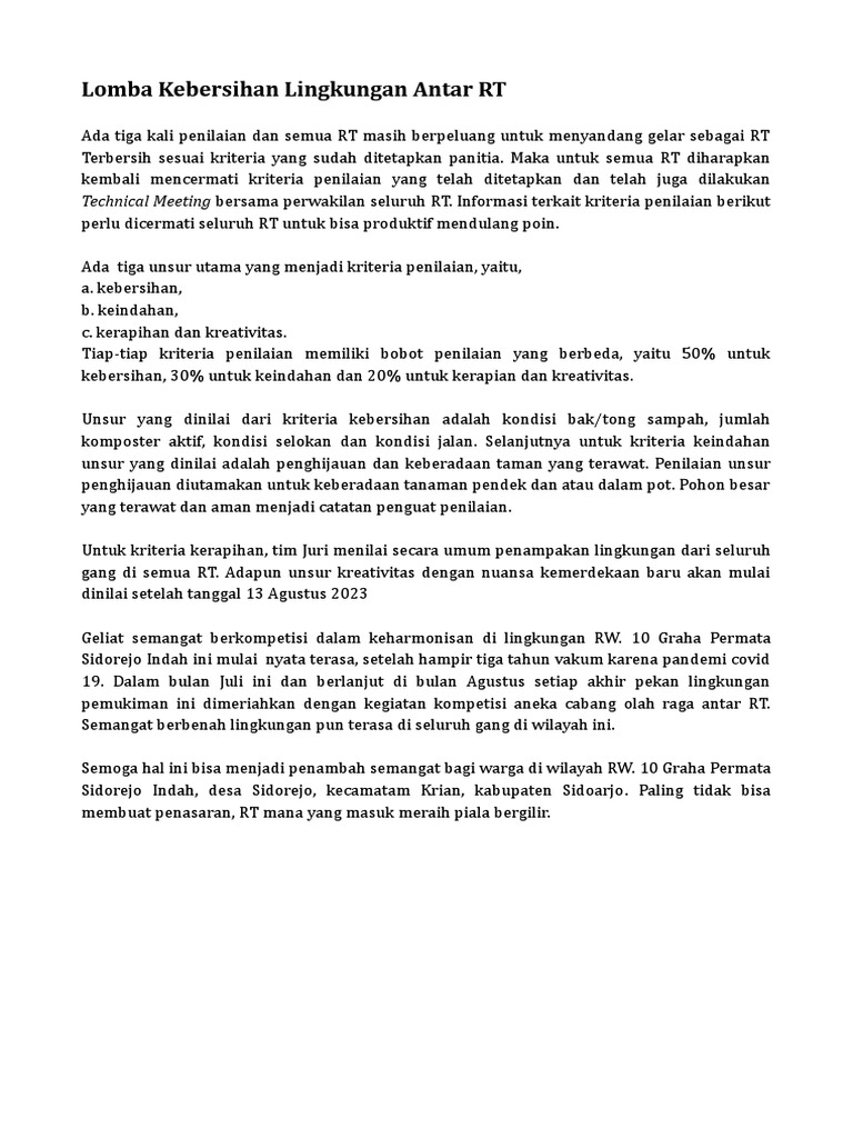 Kriteria Lomba Kebersihan Lingkungan | PDF