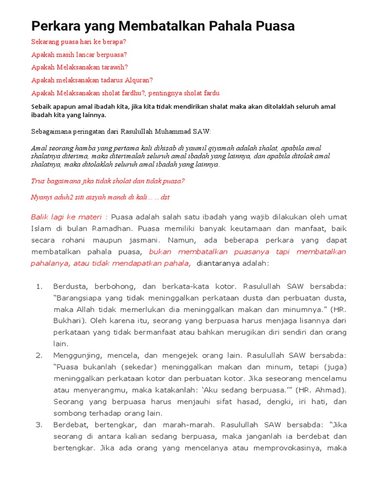 Perkara Yang Membatalkan Pahala Puasa | PDF