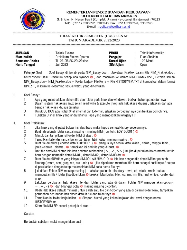 UAS Praktikum Sistem Operasi Ganjil 2022-2023 TI | PDF