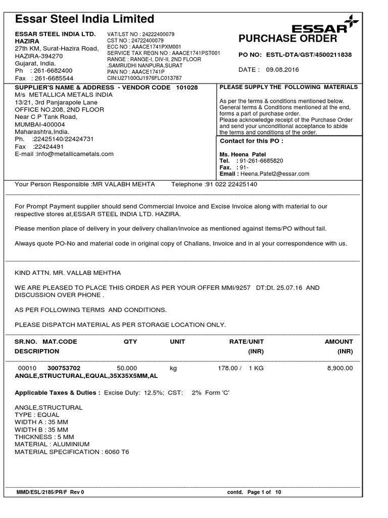 Essar Steel Purchase Order Details | PDF