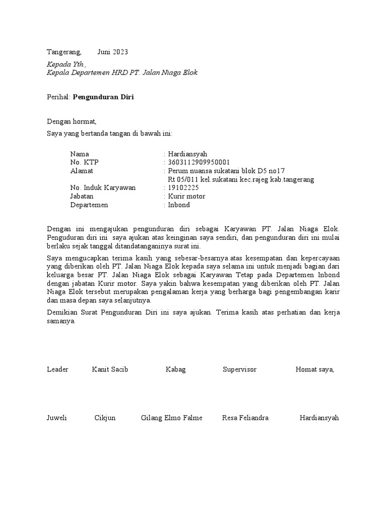 Form Resign Hardiansyah | PDF