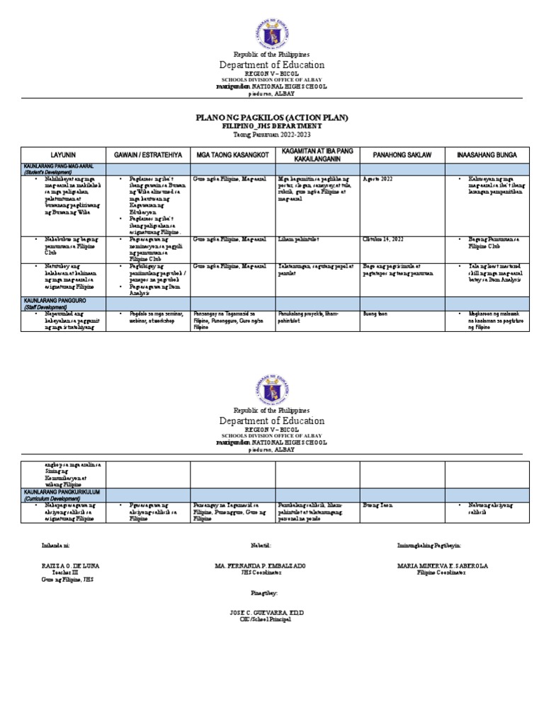 Action Plan Filipino JHS | PDF