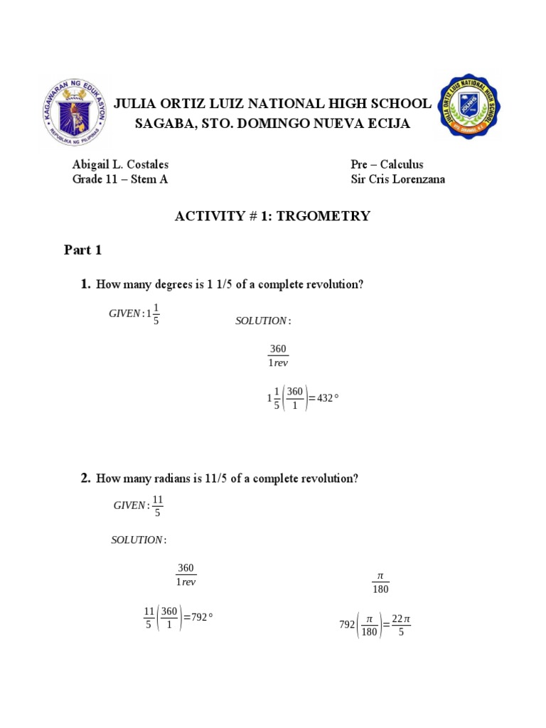 Pre Calculus Activity 1 in Trigometry | PDF