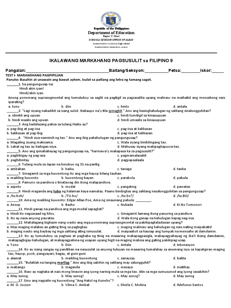 Periodical Test Filipino 9 | PDF