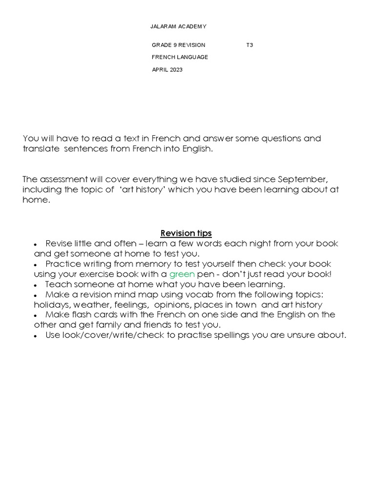 Year 9 French Revision Booklet | PDF