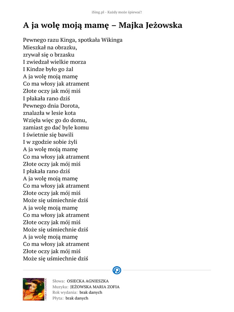 Tekst Majka Jezowska A Ja Wole Moja Mame | PDF