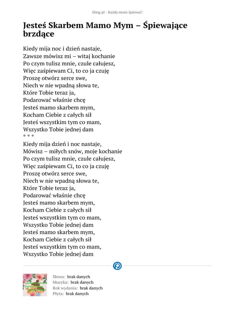Tekst Spiewajace Brzdace Jestes Skarbem Mamo Mym Dla Mam Calego Swiata ... Tekst Spiewajace Brzdace Jestes Skarbem Mamo Mym Dla Mam Calego Swiata ...