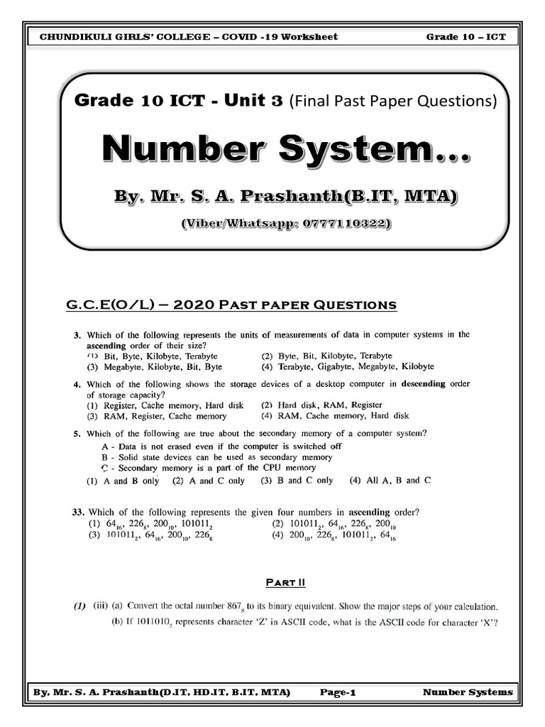 Grade 10 Unit 3 - Number Systems Past Paper Questions (English) | PDF