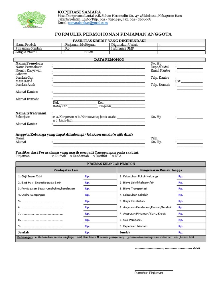 Formulir Permohonan Pinjaman Multiguna KOP. SAMARA.. | PDF