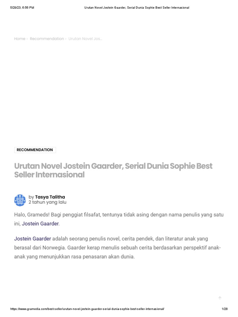 Urutan Novel Jostein Gaarder, Serial Dunia Sophie Best Seller Internasional | PDF | Fiksi Umum