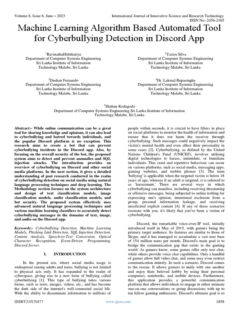 Machine Learning Algorithm Based Automated Tool For Cyberbullying Detection In Discord App Pdf
