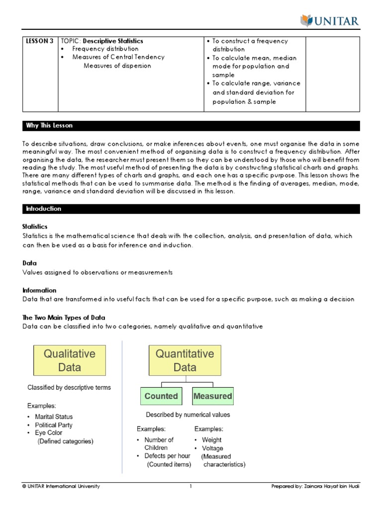 BADB1014 Quantitative Methods - Lesson 3 | PDF | Coefficient Of Variation | Statistics