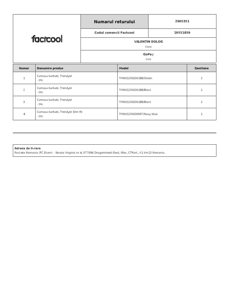 Factcool Return Order Details | PDF